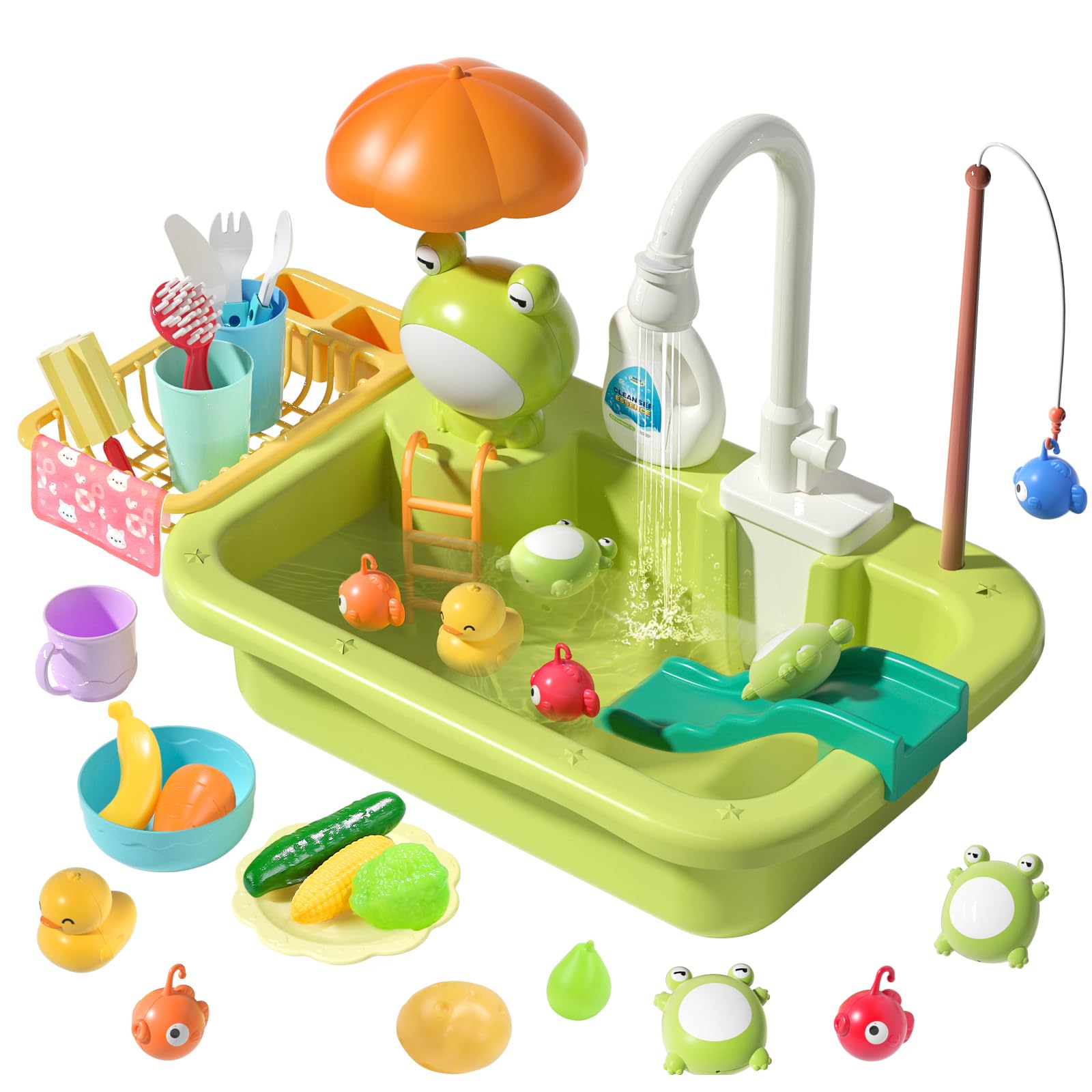 CUTE STONE Play Sink with Running Water, Kitchen Sink Toys with Upgraded Electric Faucet, Play ...