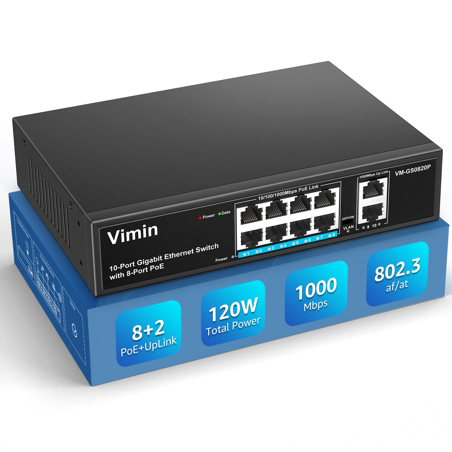 VIMIN 8 Port Gigabit PoE Switch with 2 Uplink Gigabit Ports, 10 Port Unmanaged Ethernet PoE ...