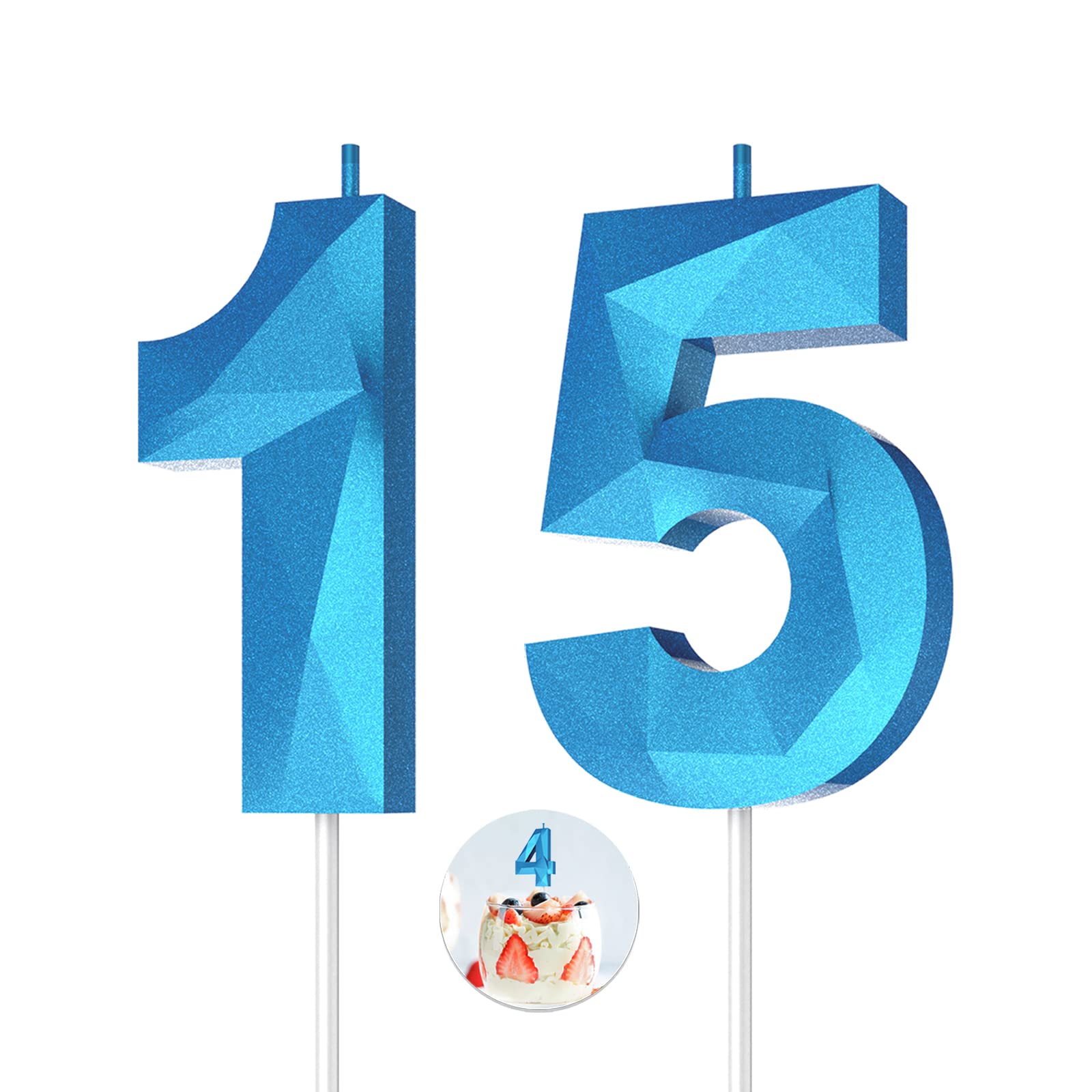 KENJOVIVO Number Birthday candles(15 candle Blue) 3D Diamond Shape ...