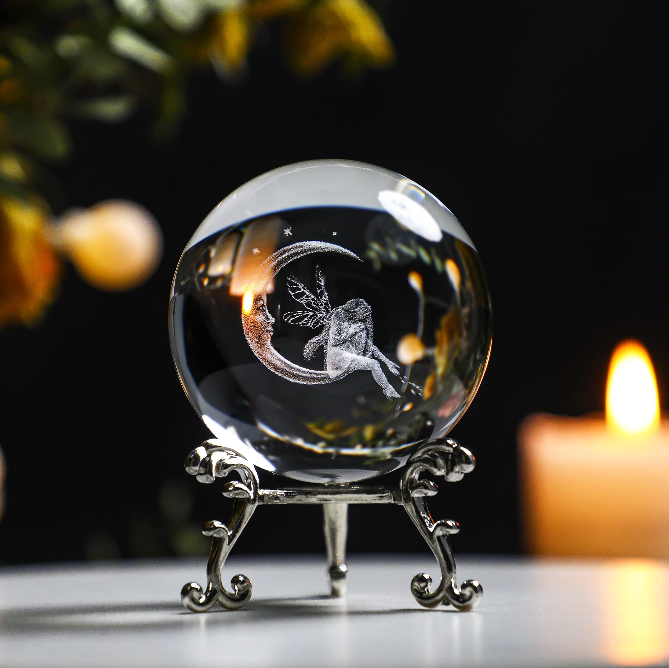 ZEERSHEE 60mm 3D Laser Engraved Crystal Fairy & Moon Ball Figurine 3D ...