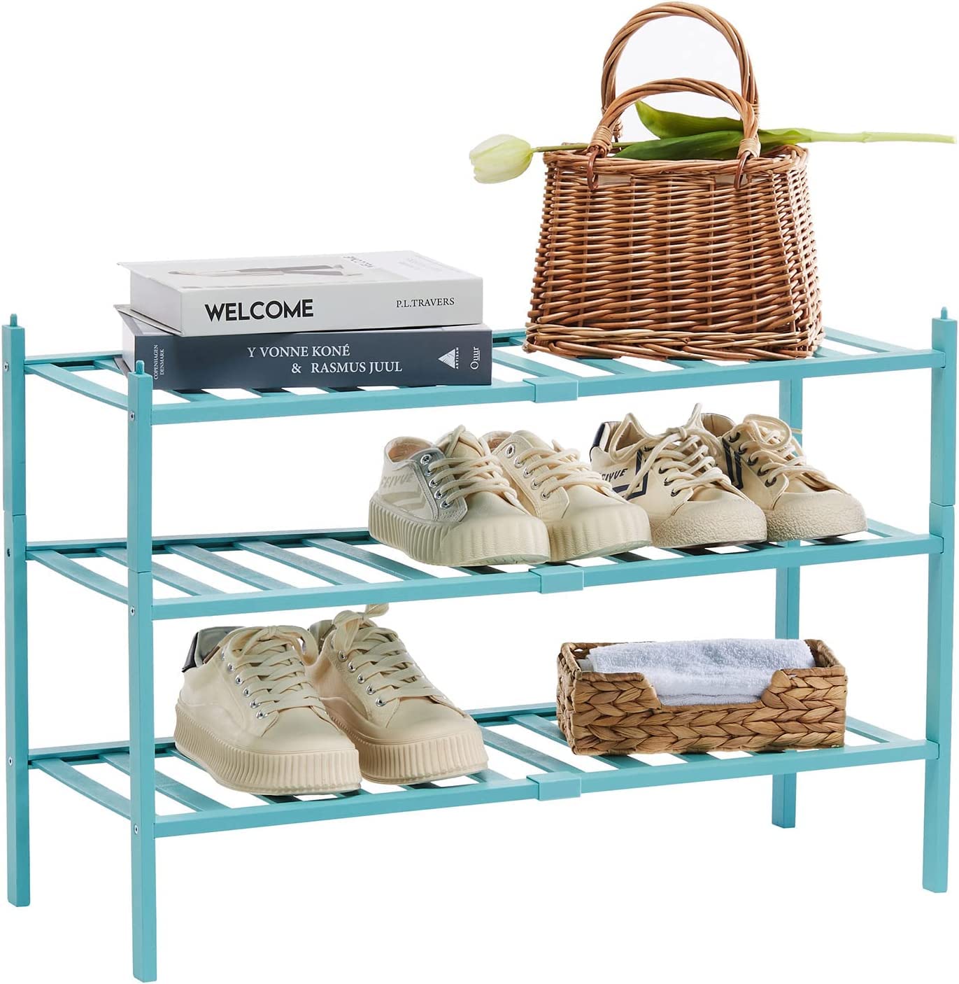 quiseolu Bamboo Shoe Rack 3 Tier Stackable Shoe Shelf 1 + 2 Tier Small ...