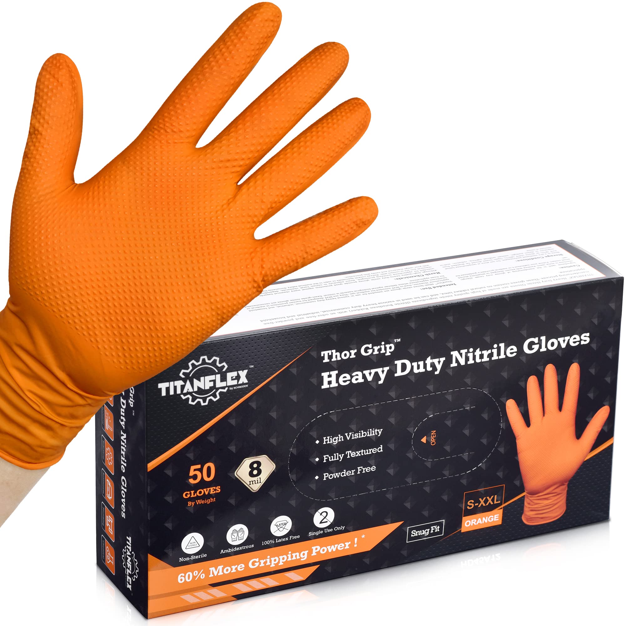 TITANflex Thor grip Heavy Duty Industrial Orange Nitrile gloves, 8-mil ...