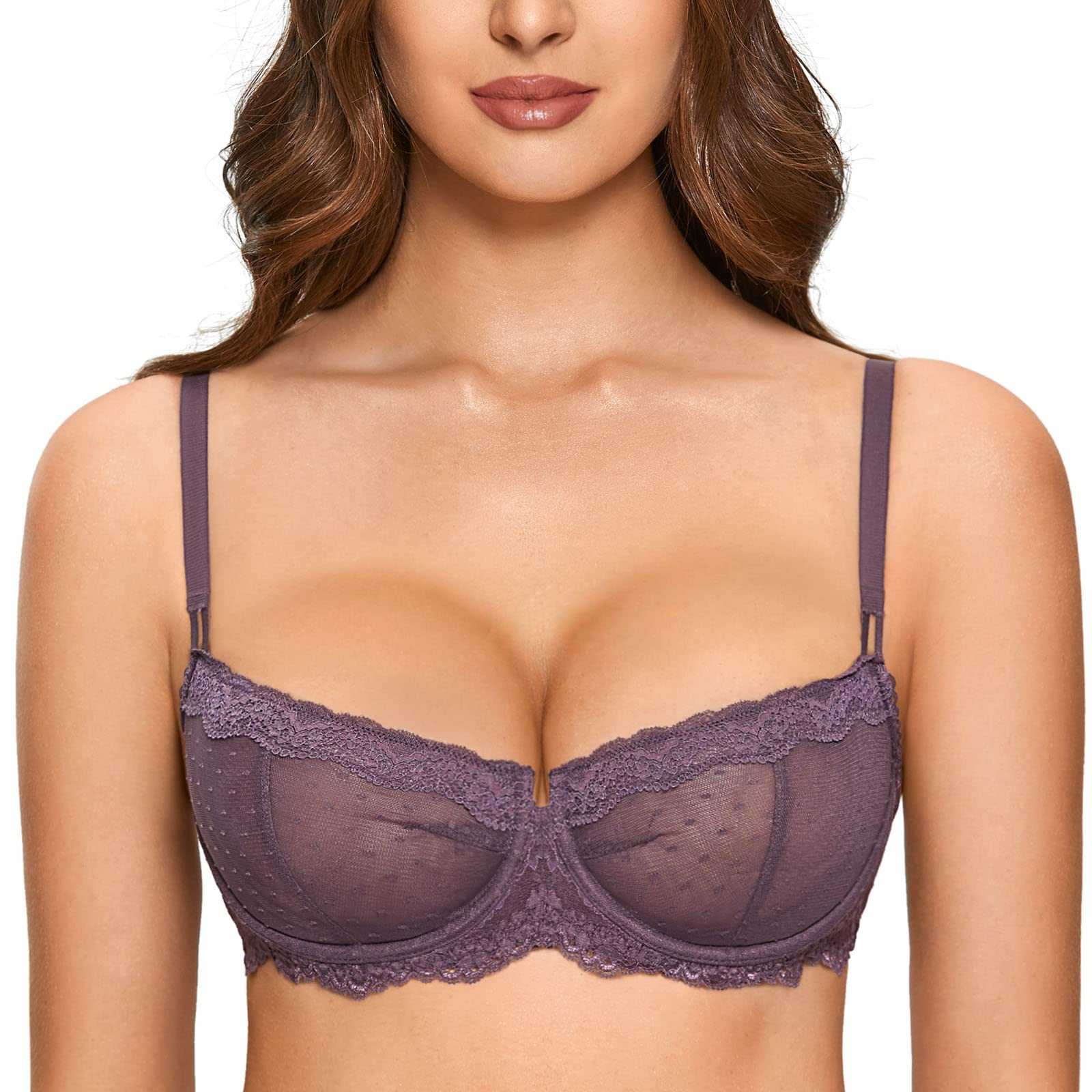 DOBREVA Womens Sexy Lace Bra Underwire Balconette Unlined Demi Sheer Plus Size Tornado 32E