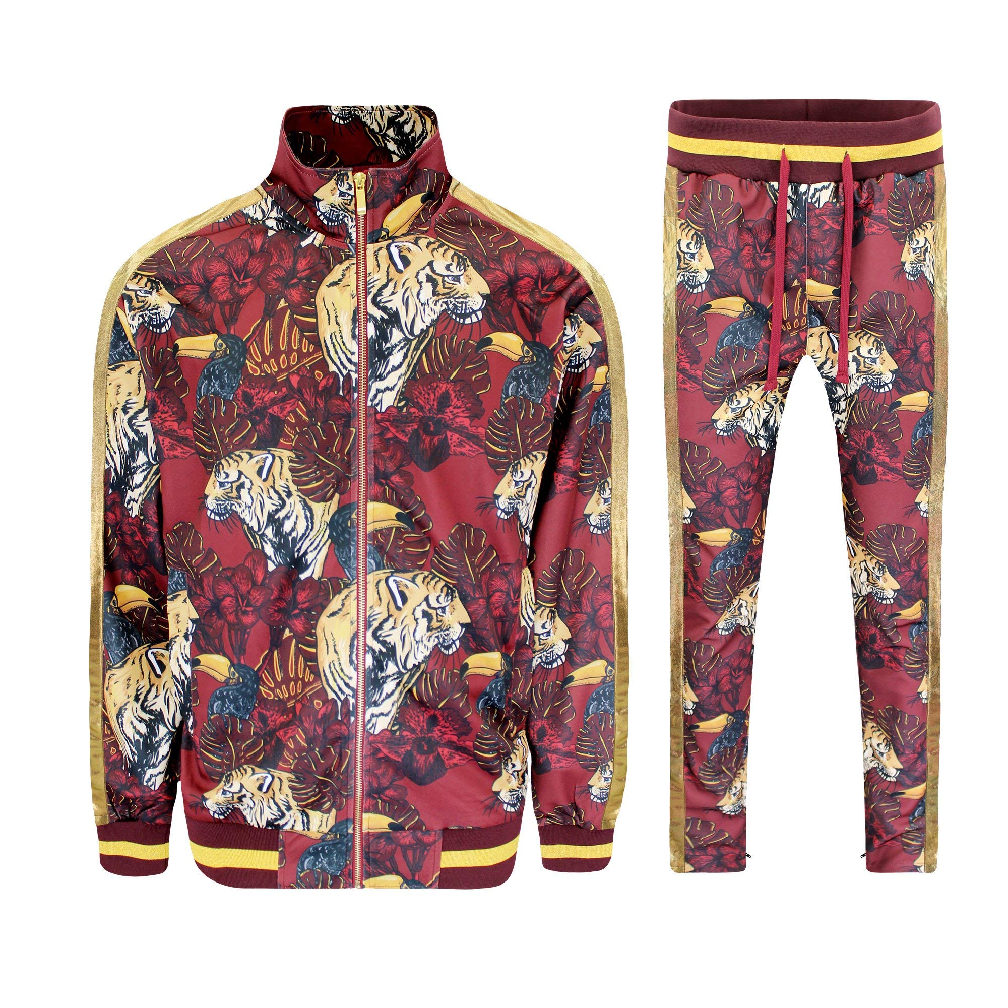 g-Style USA Mens Royal Floral Tiger Track Suit ST559 - Burgundy - Large