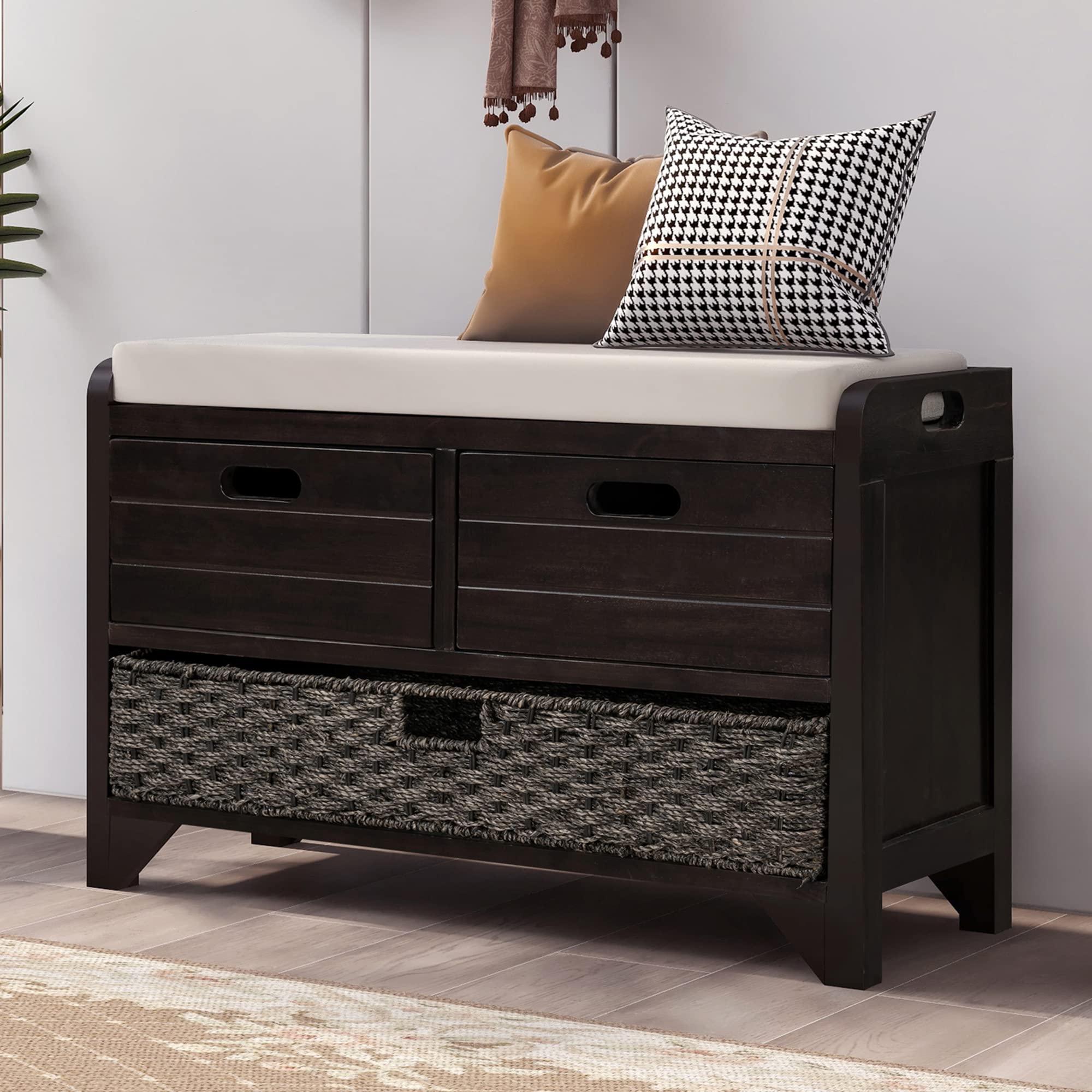 P PURLOVE Entryway Bench with 2 Drawers Storage Bench with Removable ...