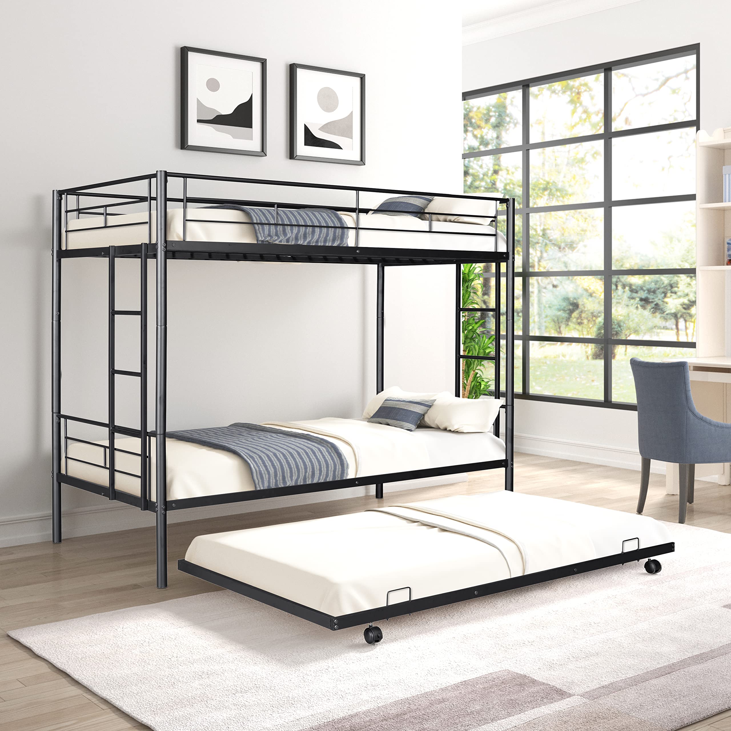 HABITRIO Twin Over Twin Bunk Bed with Trundle, Metal Structure Triple ...