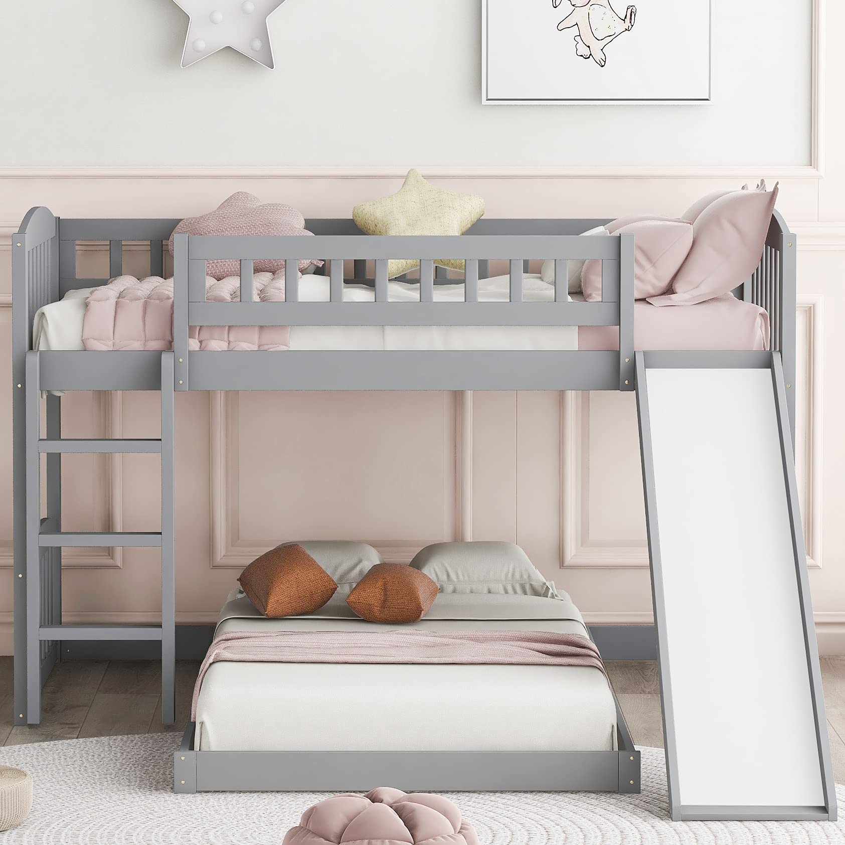 Harper & Bright Designs Twin Bunk Beds with Slide for Kids, Low Profile ...
