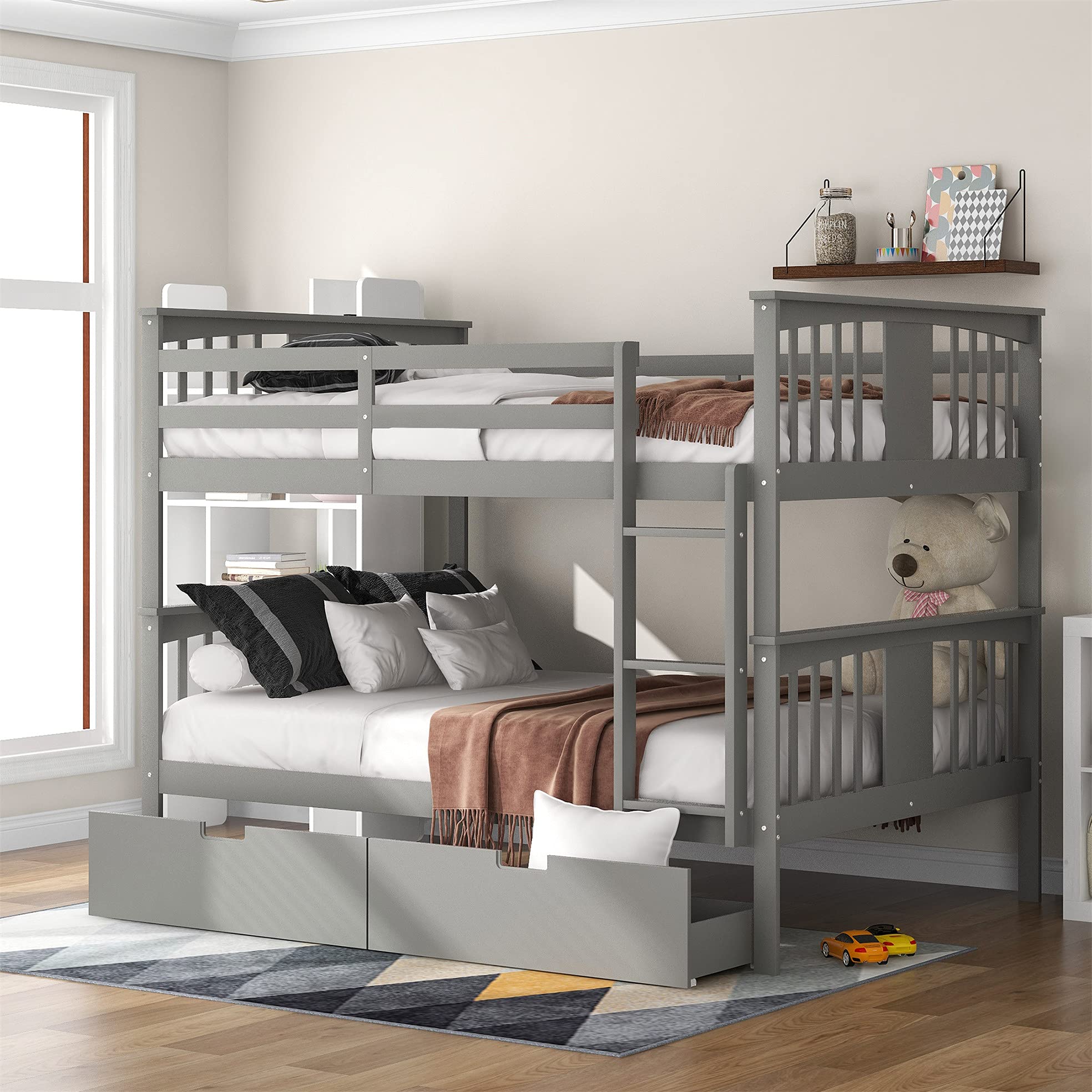Harper & Bright Designs Full Over Full Bunk Bed with Drawers and Ladder ...