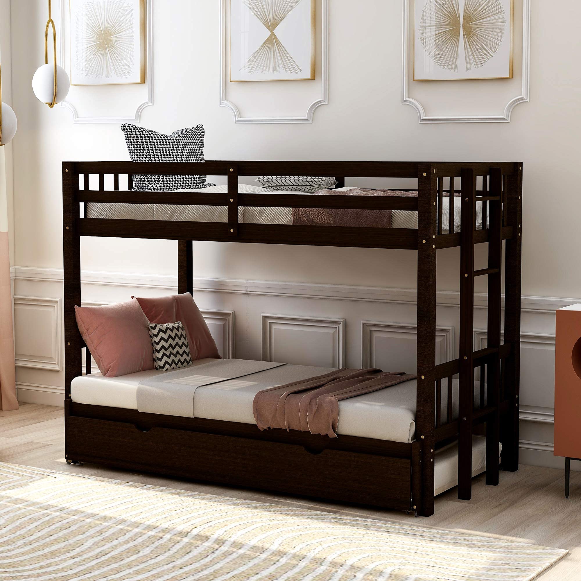 SOFTSEA Twin Over Twin Bunk Bed with Pull Out Trundle and Ladder, Twin ...