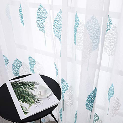 MRTREES Leaves Embroidered Sheer Curtains 84 inches Long Living Room ...