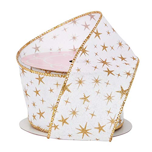 Paper Mart Stars On Faux Linen Wired Ribbon - 2-1/2" X 10Yd - Gold/White