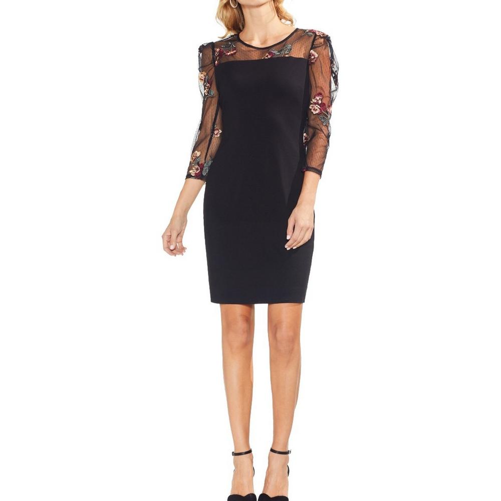 Vince Camuto Vince Camuto Womens Embroidered Mesh Sleeve Sheath Dress