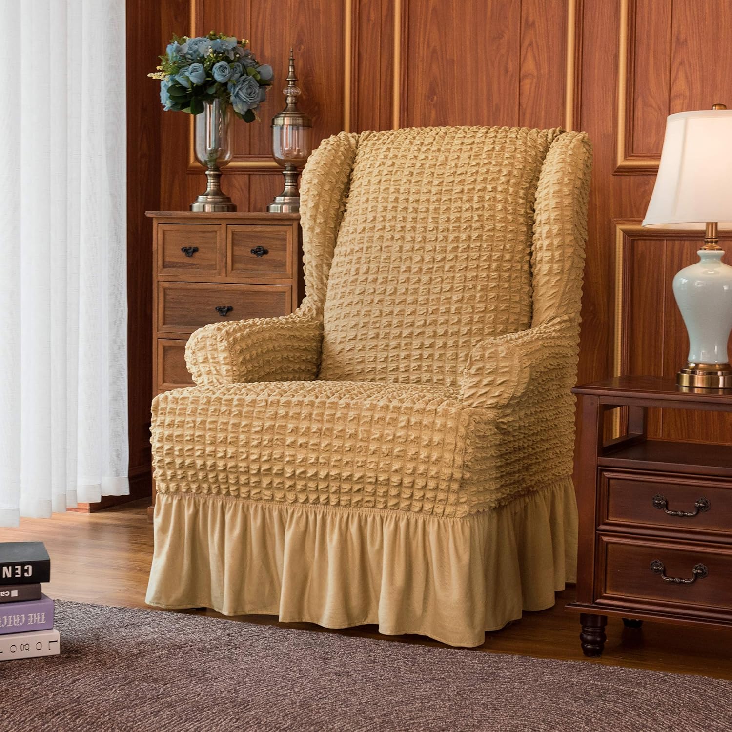 Subrtex 1 Piece Stretch Wing Chair Cover Skirt Style Wingback Chair ...