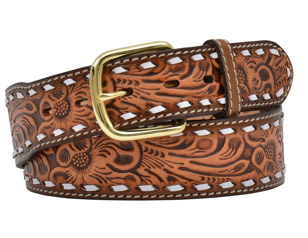 3D Western Belt Mens Buckstitch Floral Leather Brass Natural D3870