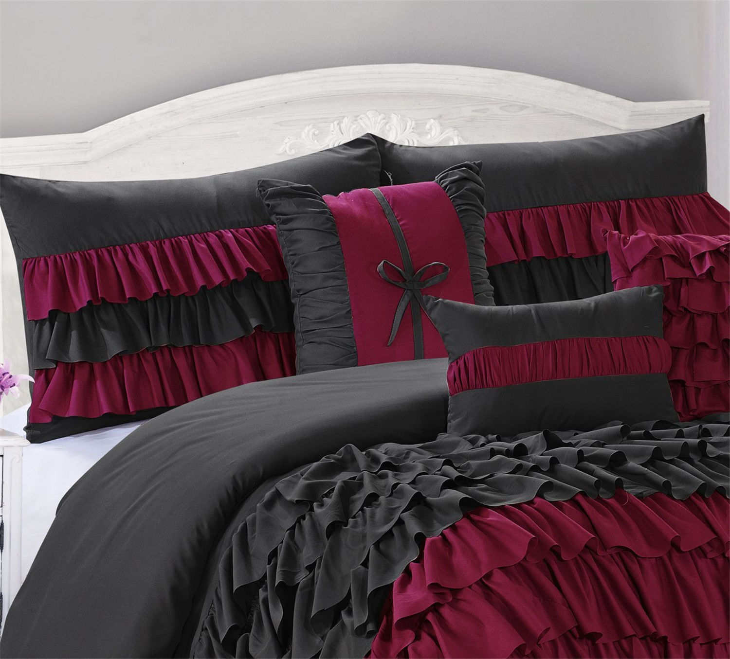 Hig 7 Piece Burgundy And Black Microfiber Ruffles Soft Comforter Set