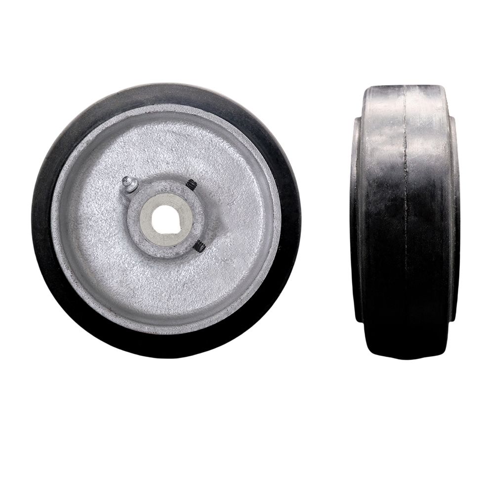 8" x 3" Rubber Tread on Cast Iron Keyed Drive Wheel - 1-1/4" Plain Bore ...