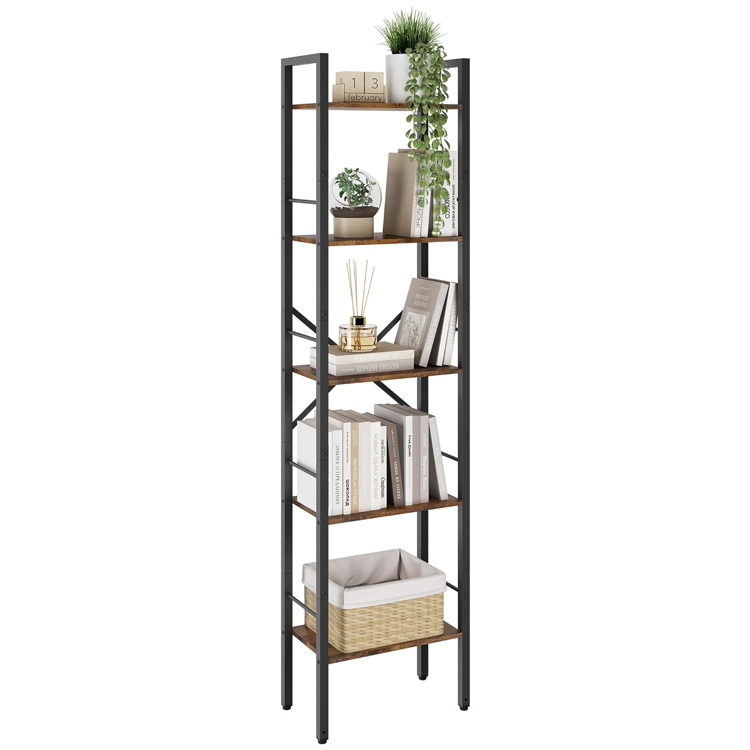 thinkstar 5 Tier Ladder Bookshelf Industrial Ladder Shelf, Narrow Tall ...