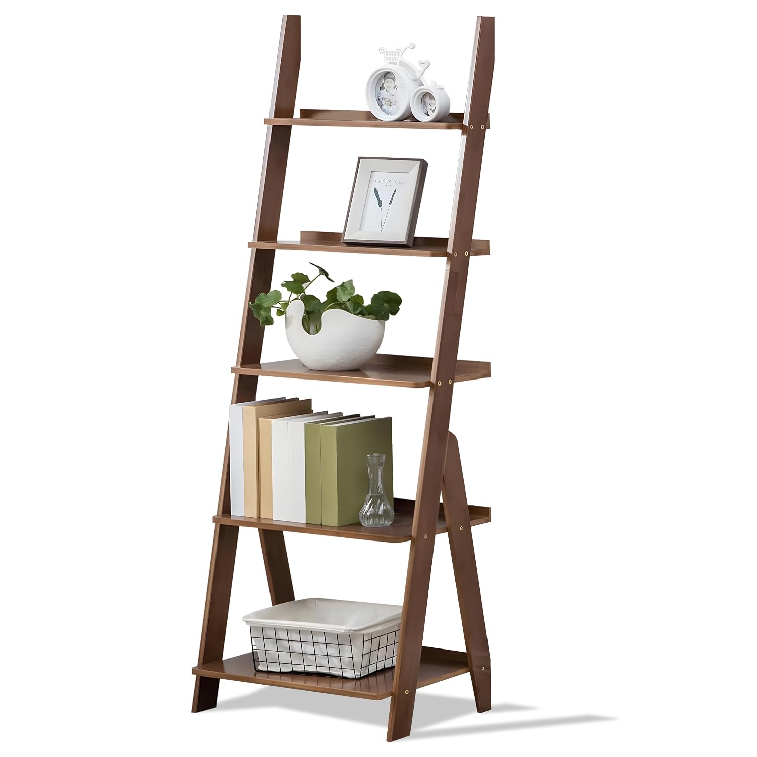 thinkstar -5-Tier Ladder Shelf Bookcase, Bamboo Ladder Bookshelf ...