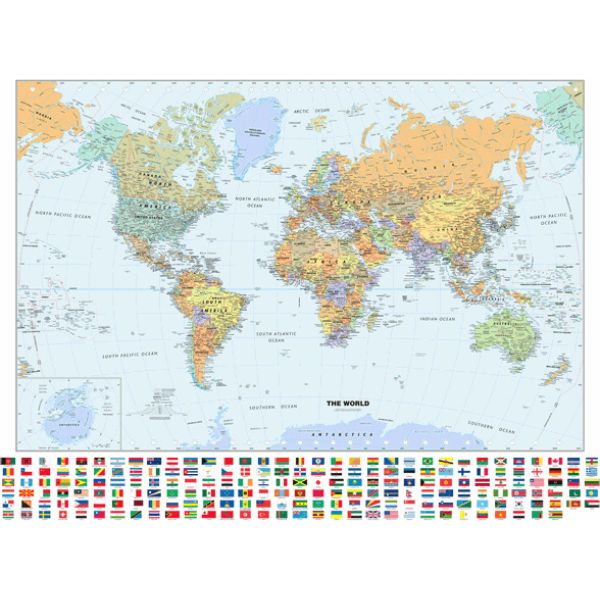 Alboroto Classroom Pull Down Classic World Wall Map with Flags