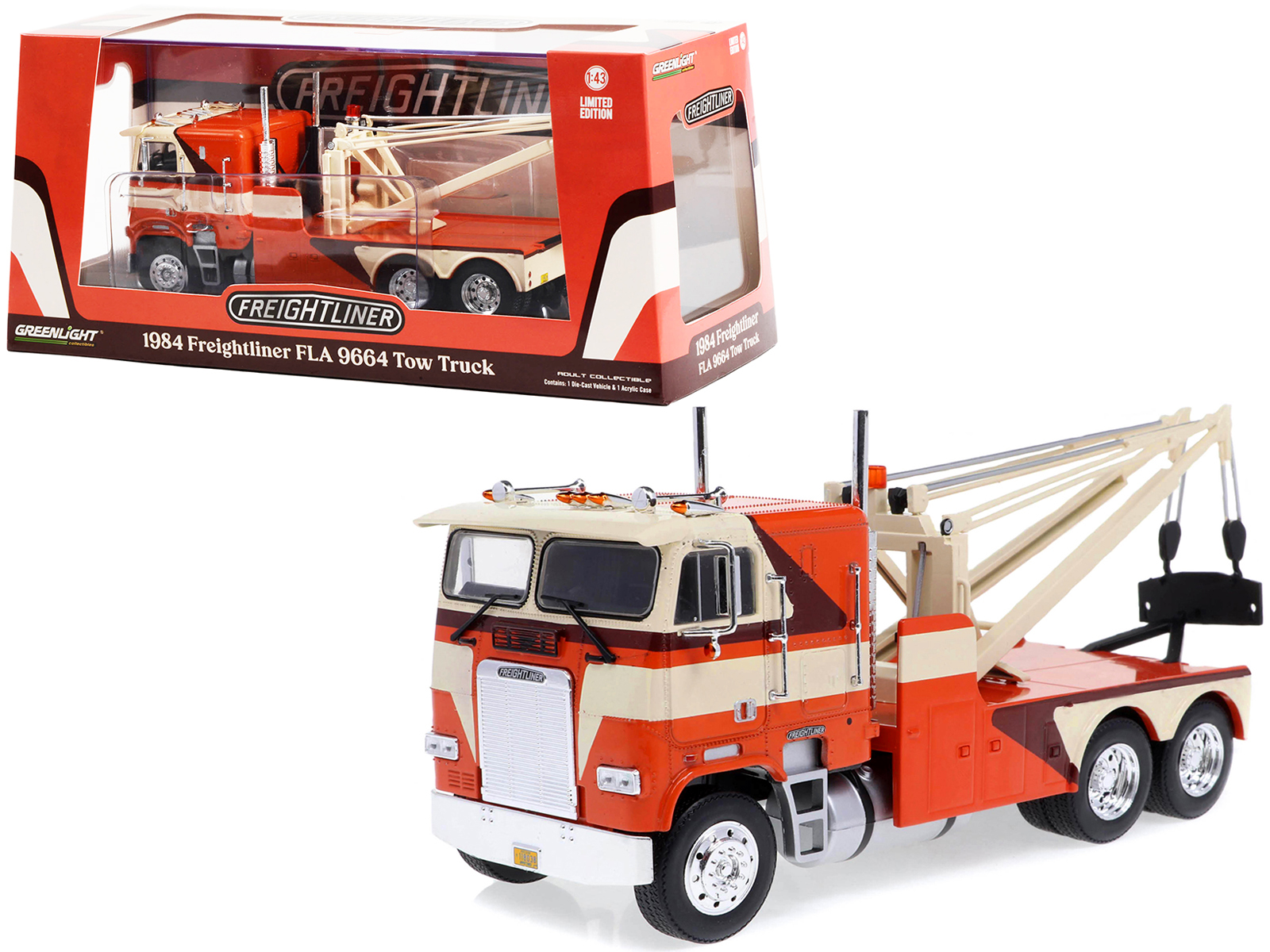 GreenLight 1984 Freightliner FLA 9664 Tow Truck Orange and White with ...