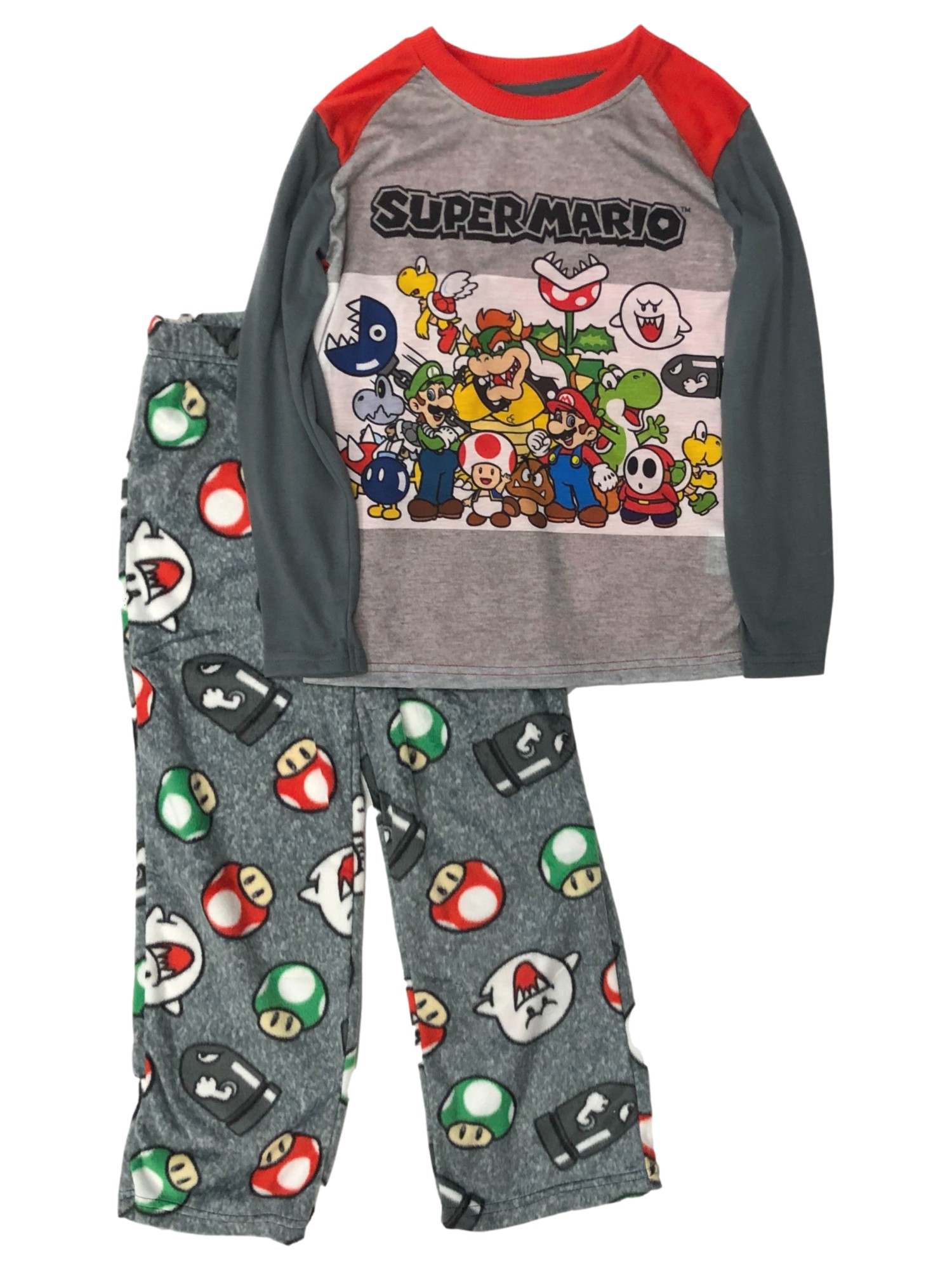 Nintendo Super Mario Bros Boys Long Gray Pajamas Shirt & Fleece Sleep ...