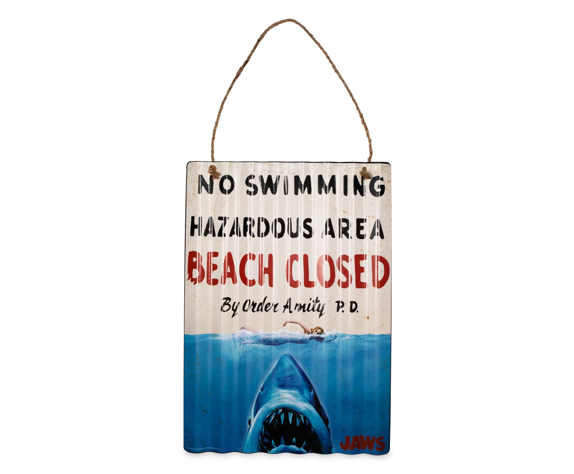 Silver Buffalo JAWS "Beach Closed" Corrugated Tin Sign | 12 x 16 Inches