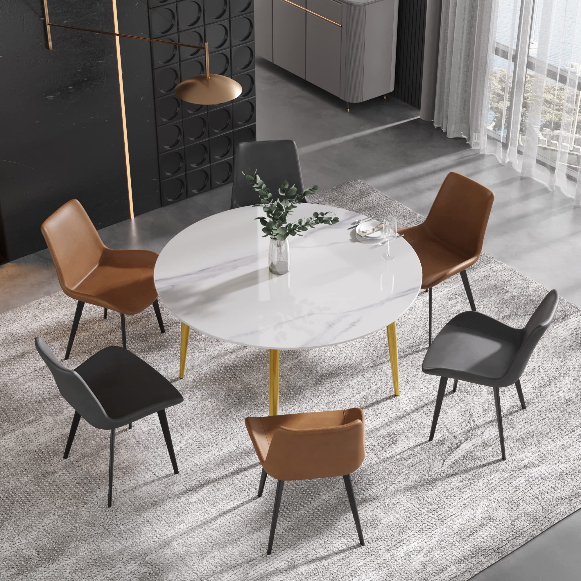 Sdorens Round Dining Table, White Sintered Stone Tabletop with Solid ...