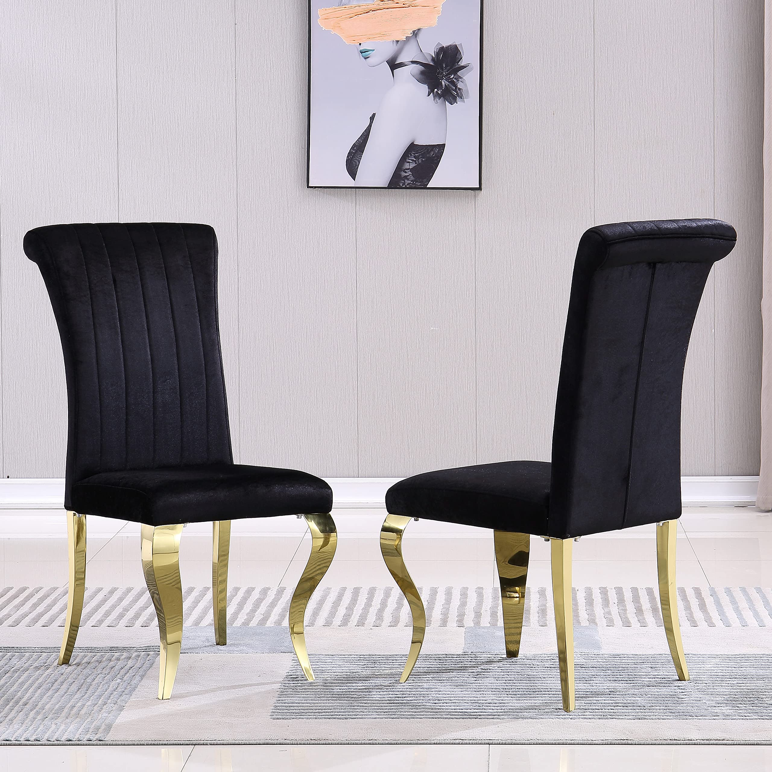 SSLine Set of 2 Modern Luxury Dining Chairs with Curved Gold Metal Legs ...