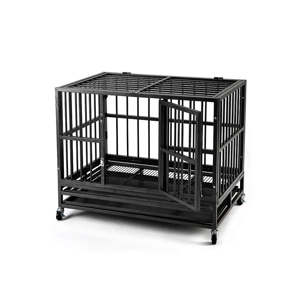 KOOLWOOM Heavy Duty Dog Crate Kennel Wheels/Steel Tray Large Medium Dogs Strong Metal Black ...