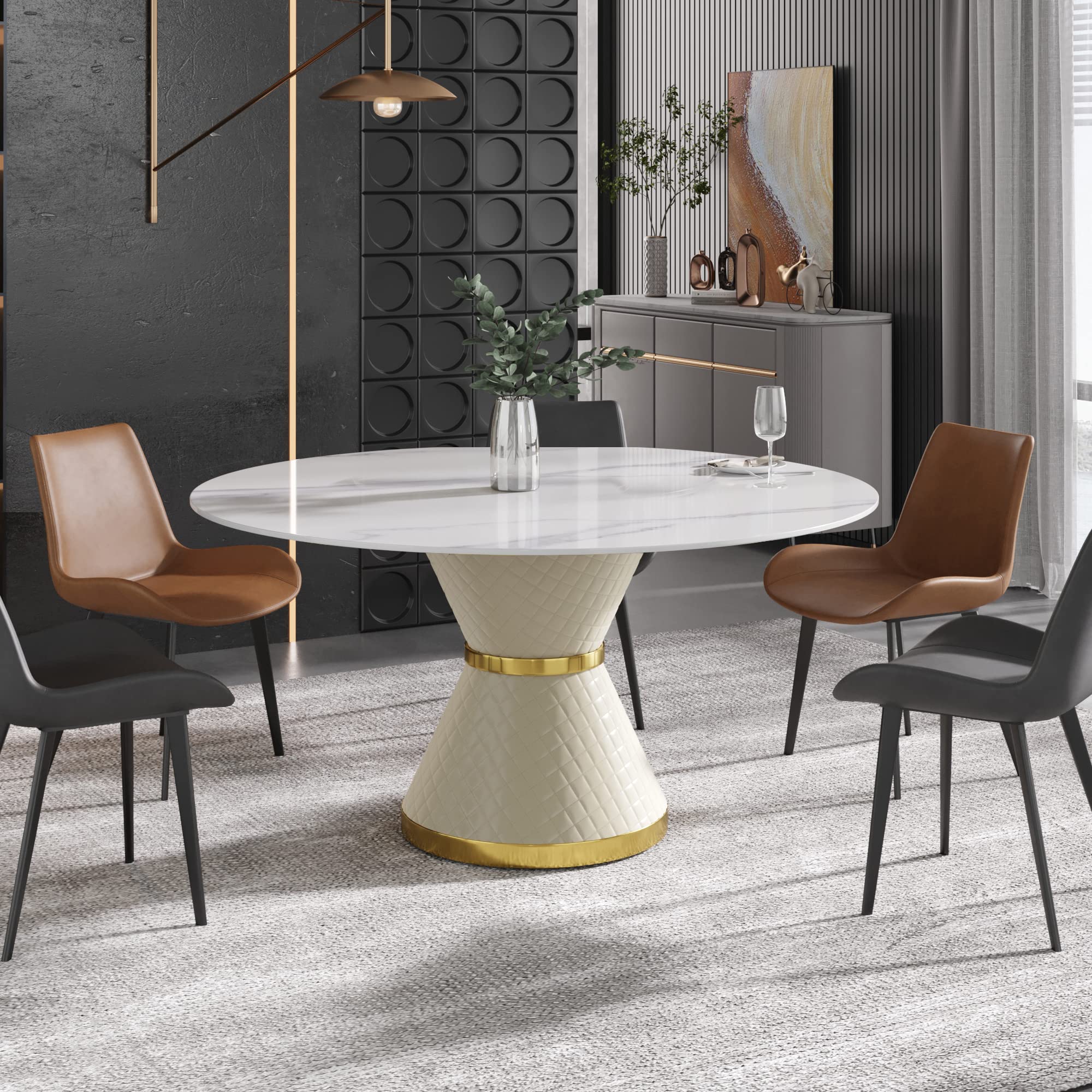 Sdorens Round Dining Table, White Sintered Stone Tabletop with Solid ...