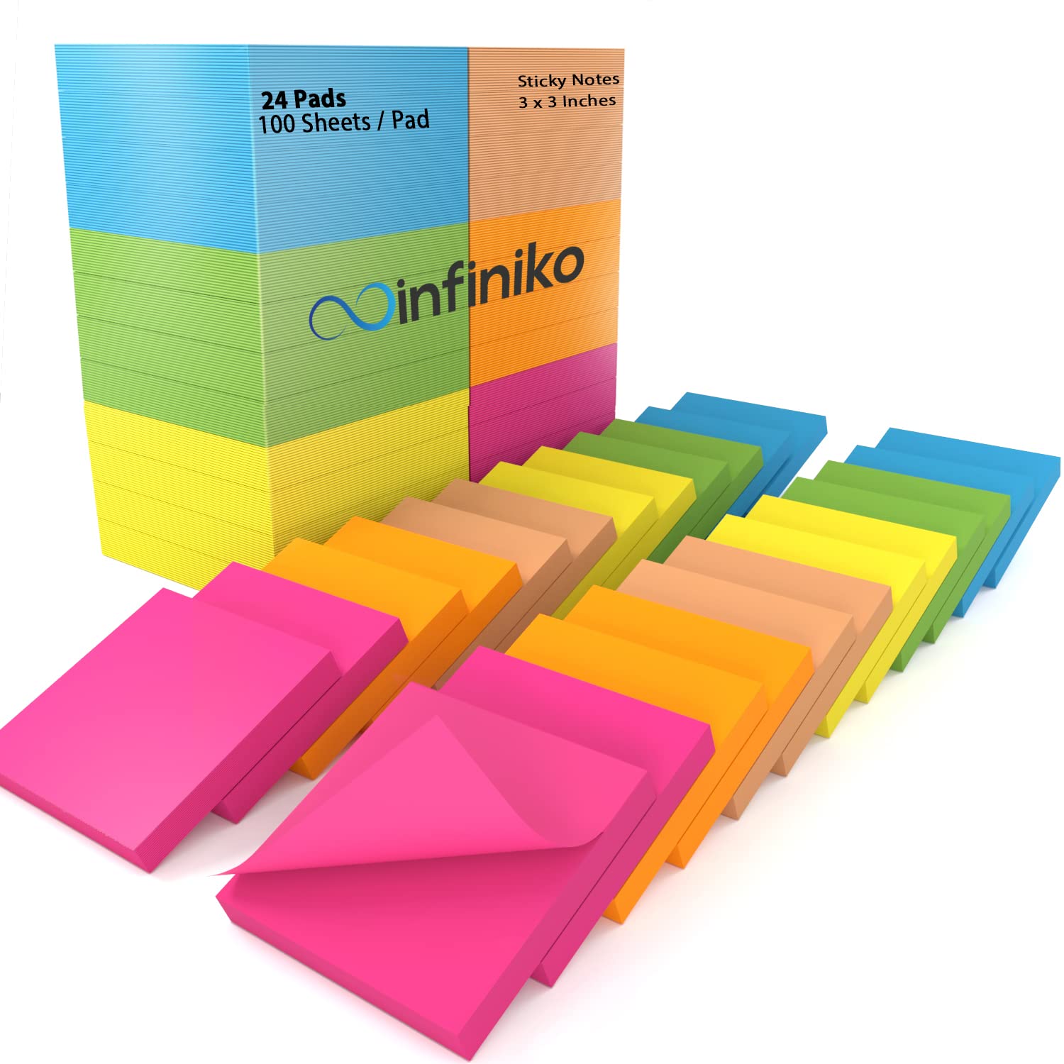 Infiniko Sticky Notes 3x3 in (24 Pads) Bright Colored Super Self Sticky ...