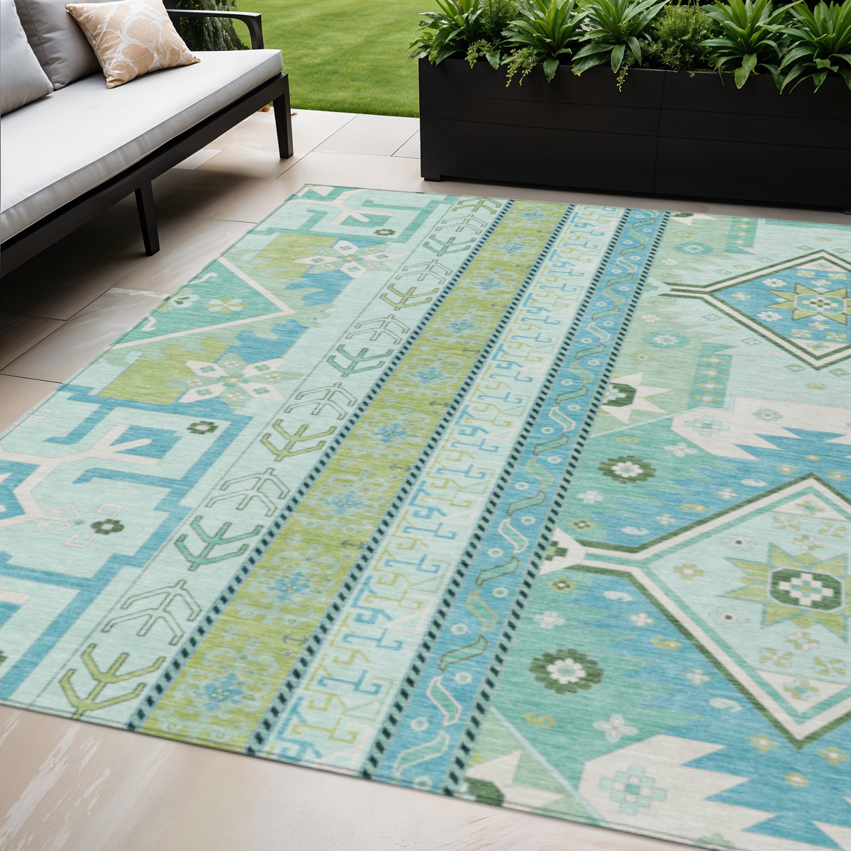 mint green patterned rug