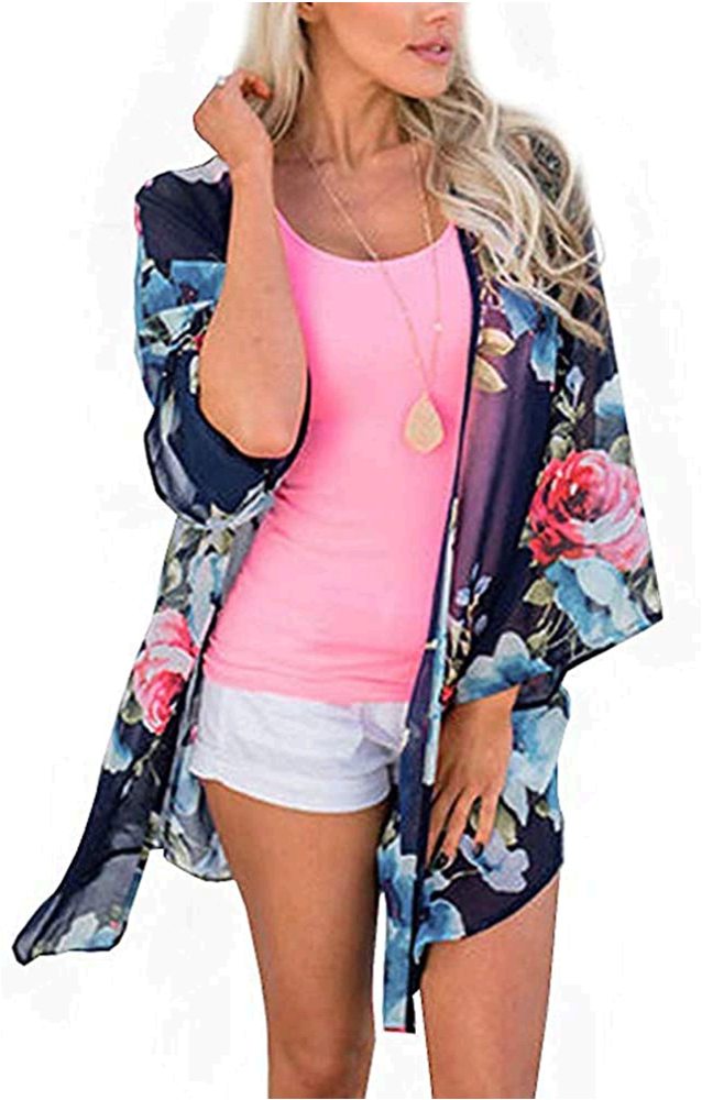 Joellyus Womens Kimono Cardigan Beach Cover Up Floral Chiffon Blue02