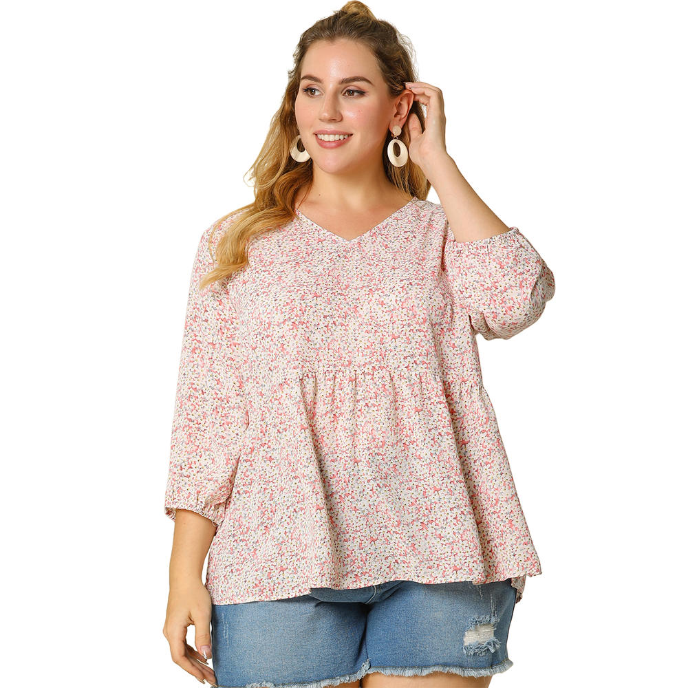 Unique Bargains Agnes Orinda Womens Plus Size Tops Floral Ruffle Flowy