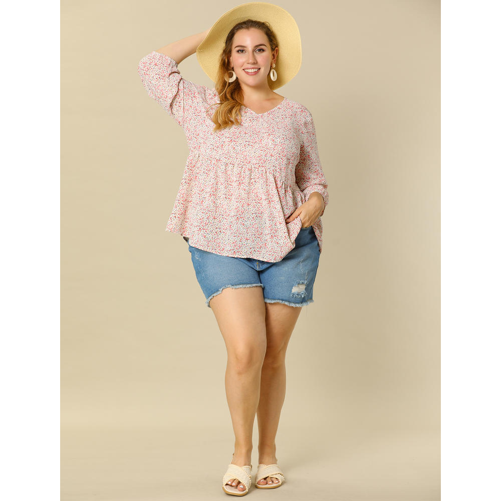 Unique Bargains Agnes Orinda Womens Plus Size Tops Floral Ruffle Flowy