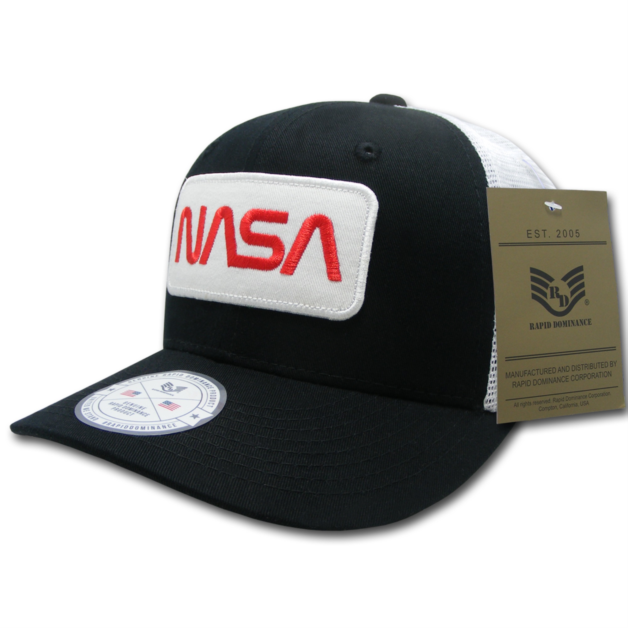 Rapid Dominance NASA Patch Trucker Caps, Worm, Black/White