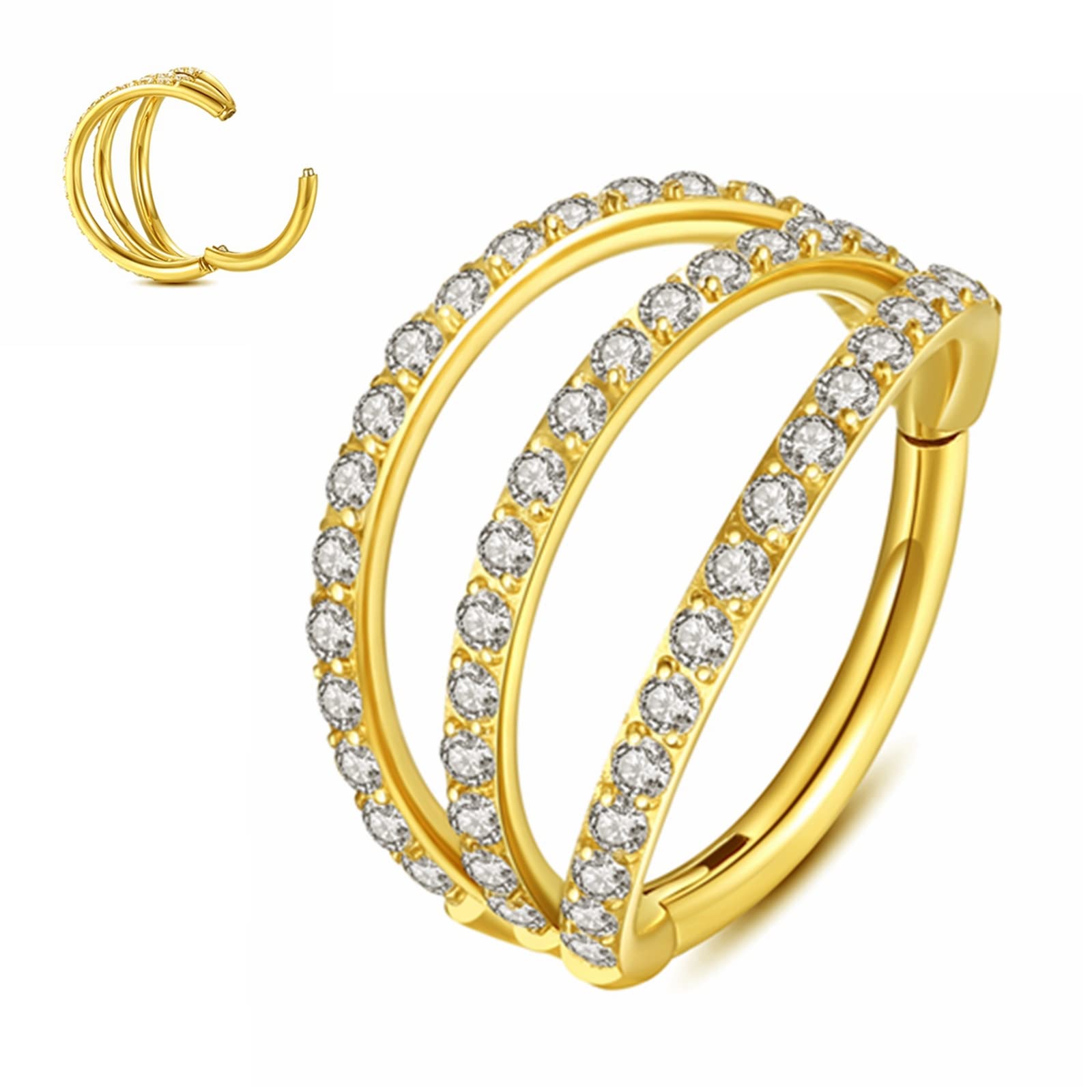 Yrogcu 16G 10mm Gold Triple Nose Rings with Clear Zicron Lip Septum Clicker : Triple Open Stack ...