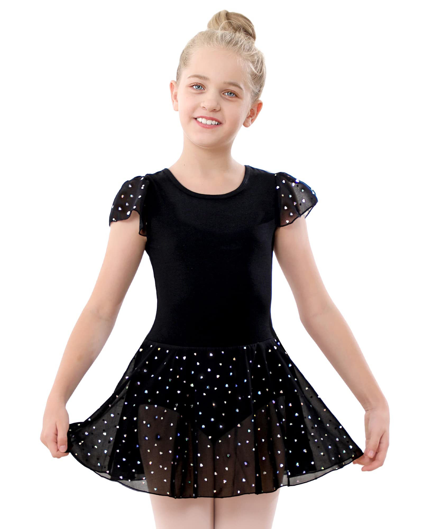Stelle Girls Ballet Ruffle Sleeve Dress Leotard Shiny Skirted For Dance