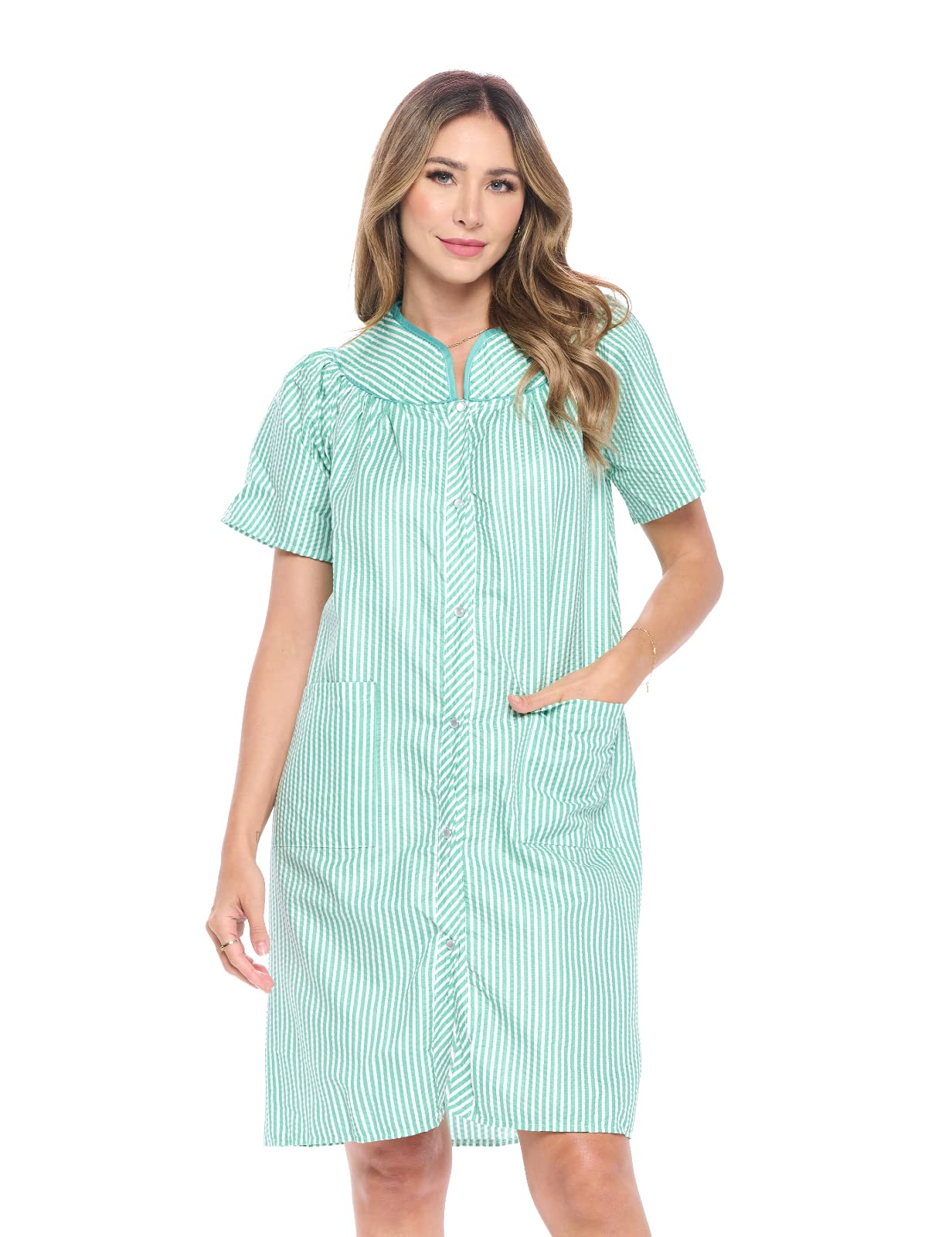 casual Nights Womens Snap front House Dress Short Sleeve Woven Duster Housecoat Lounger Robe ...