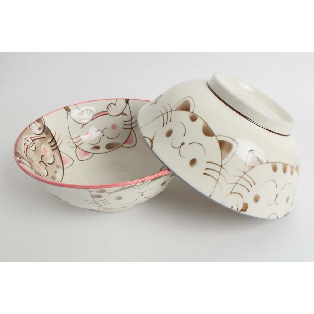 Mino Ware Japanese Pair Ramen Noodle Donburi Bowl Smiling Cats Blue