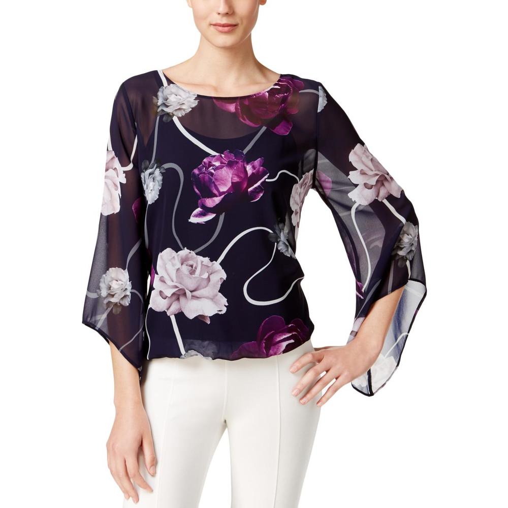 Alfani Womens Chiffon Floral Print Blouse