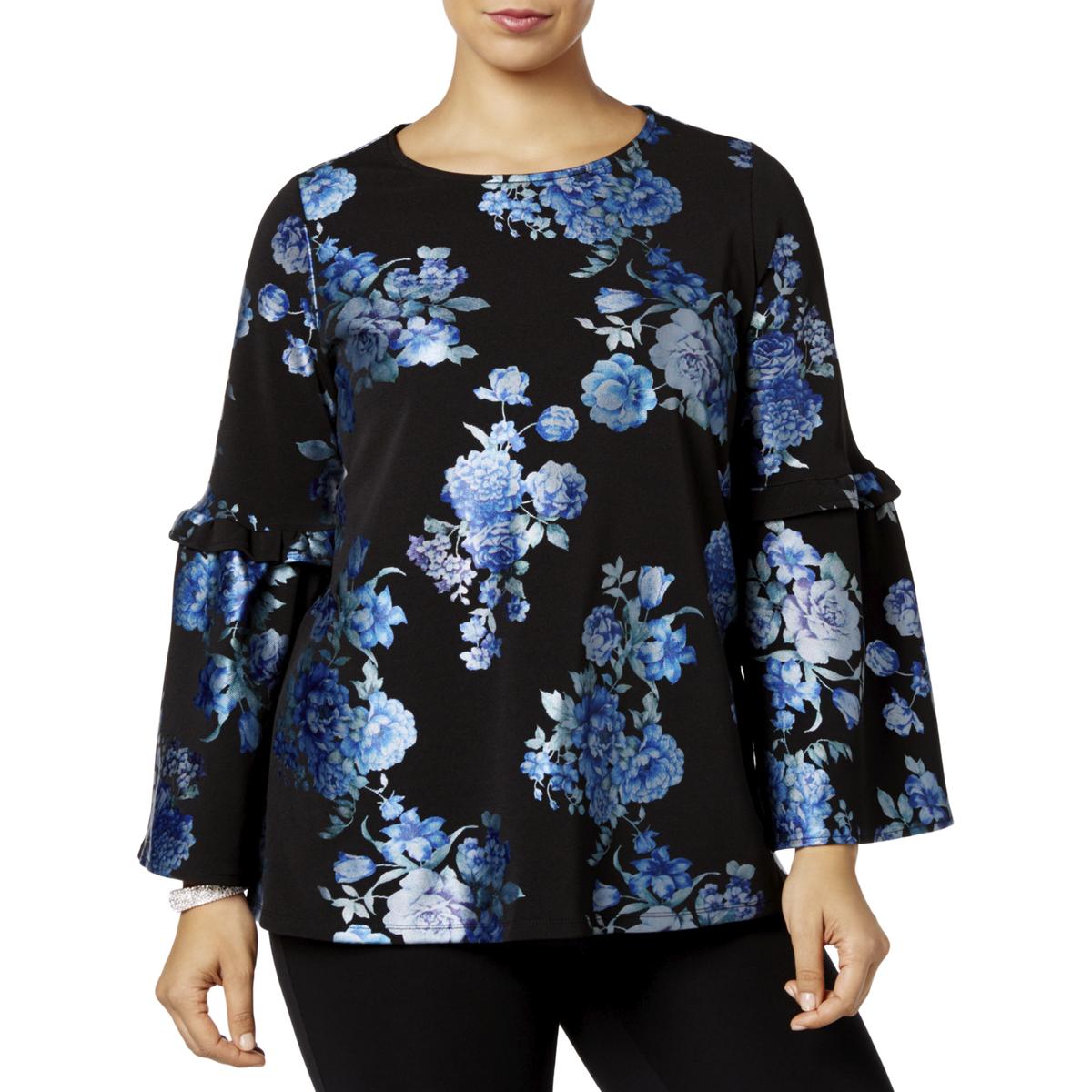Alfani Plus Womens Metallic Floral Print Blouse
