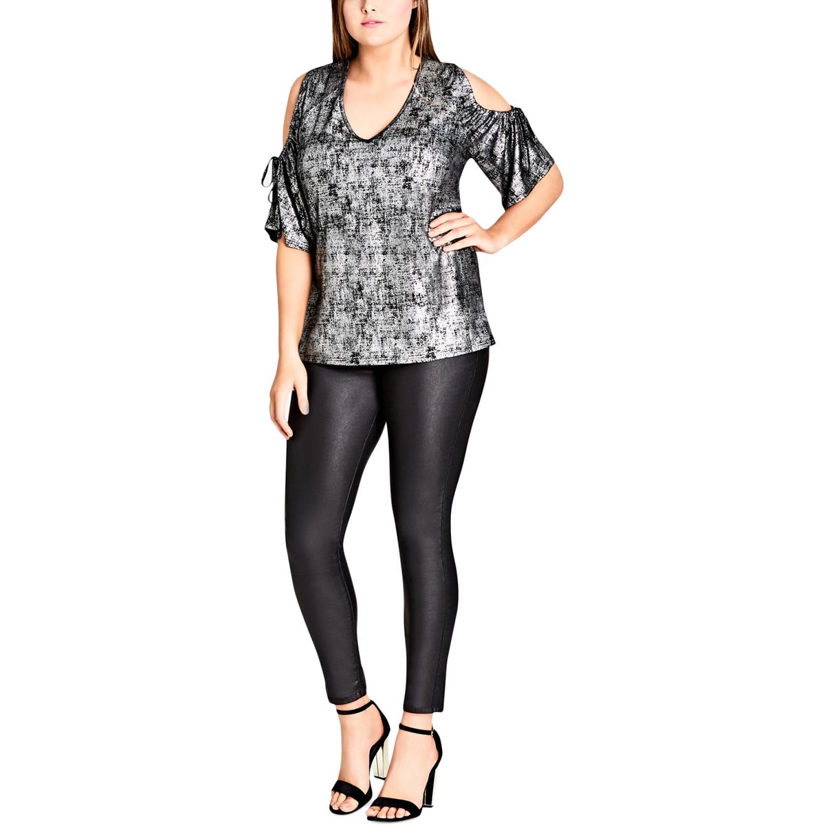 City Chic Plus Womens Metallic Cold Shoulder Knit Top