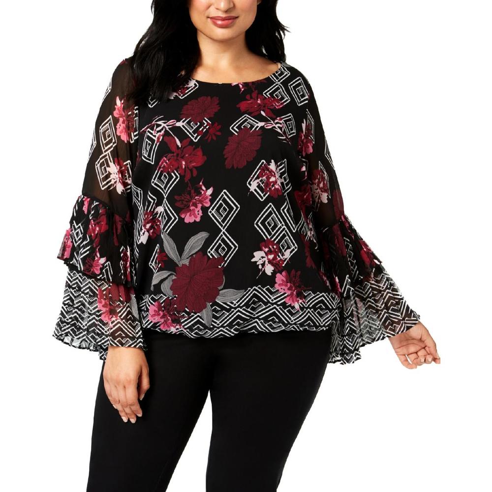 Alfani Plus Womens Pleated Floral Print Blouse
