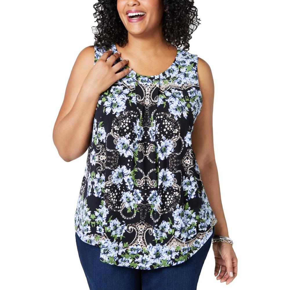 Charter Club Plus Womens Printed Pleated Tank Top