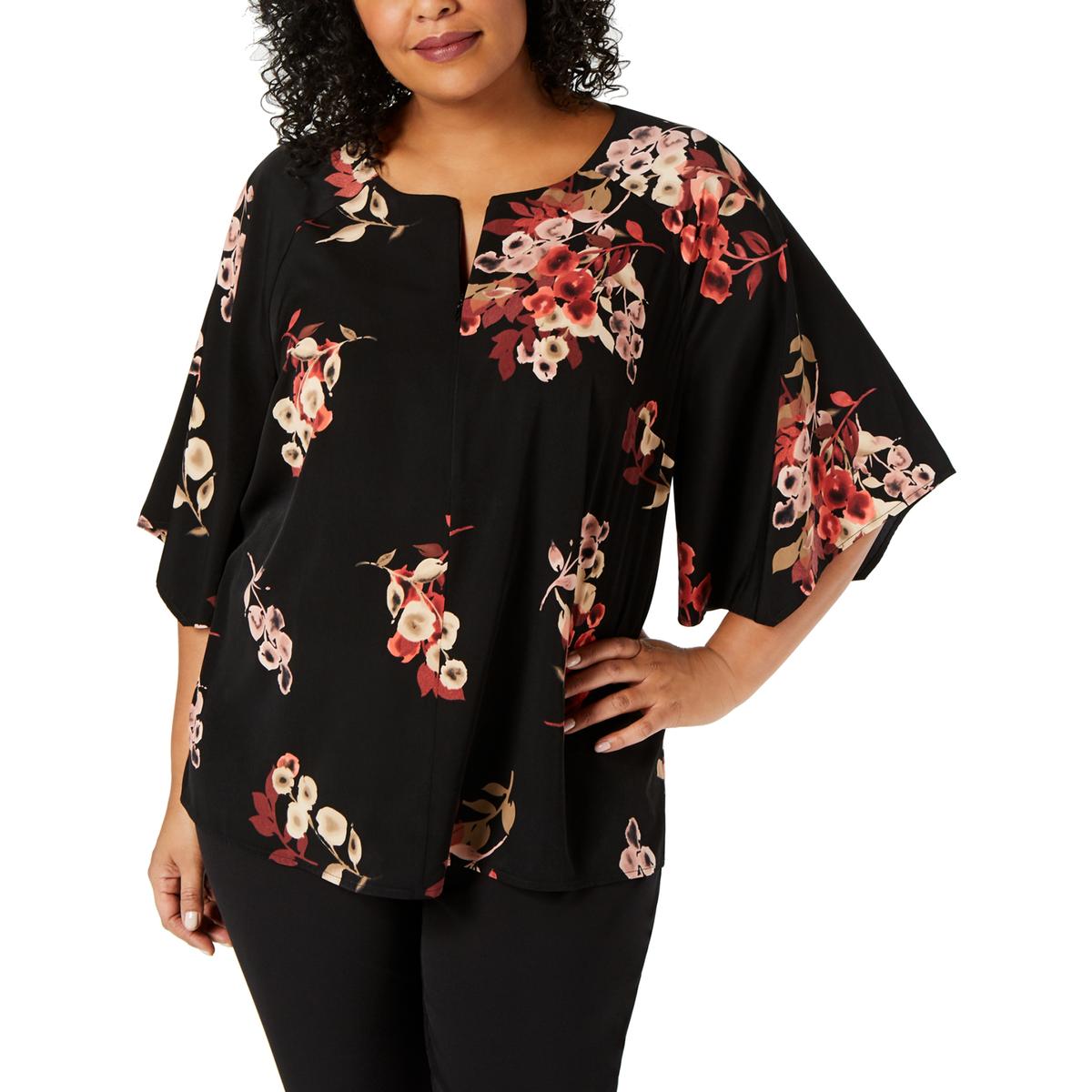 Alfani Plus Womens Floral Zip Front Blouse