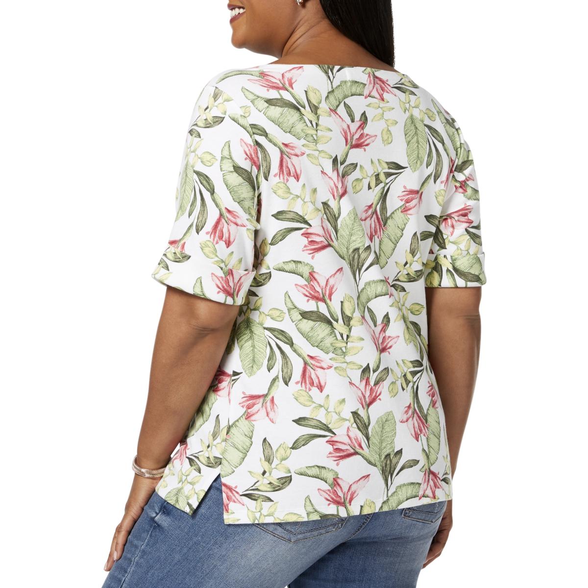 Karen Scott Plus Womens Floral Print Cuffed Casual Top