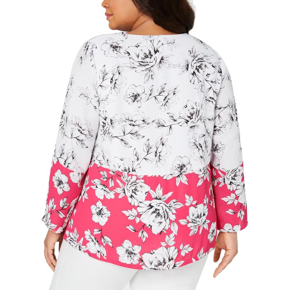 Alfani Plus Womens Floral Zip Front Blouse