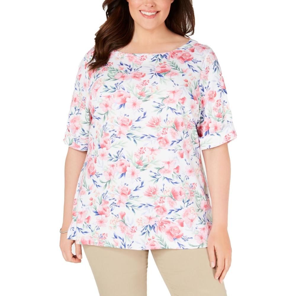 Karen Scott Plus Womens Floral Split Hem Casual Top