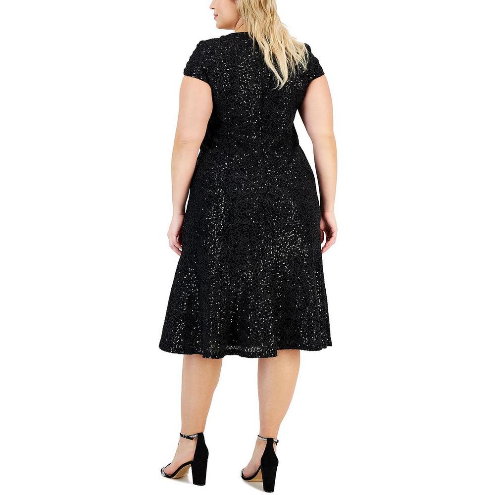 Alex Evenings Plus Womens Sequins Deep V Cocktail And Party Dress